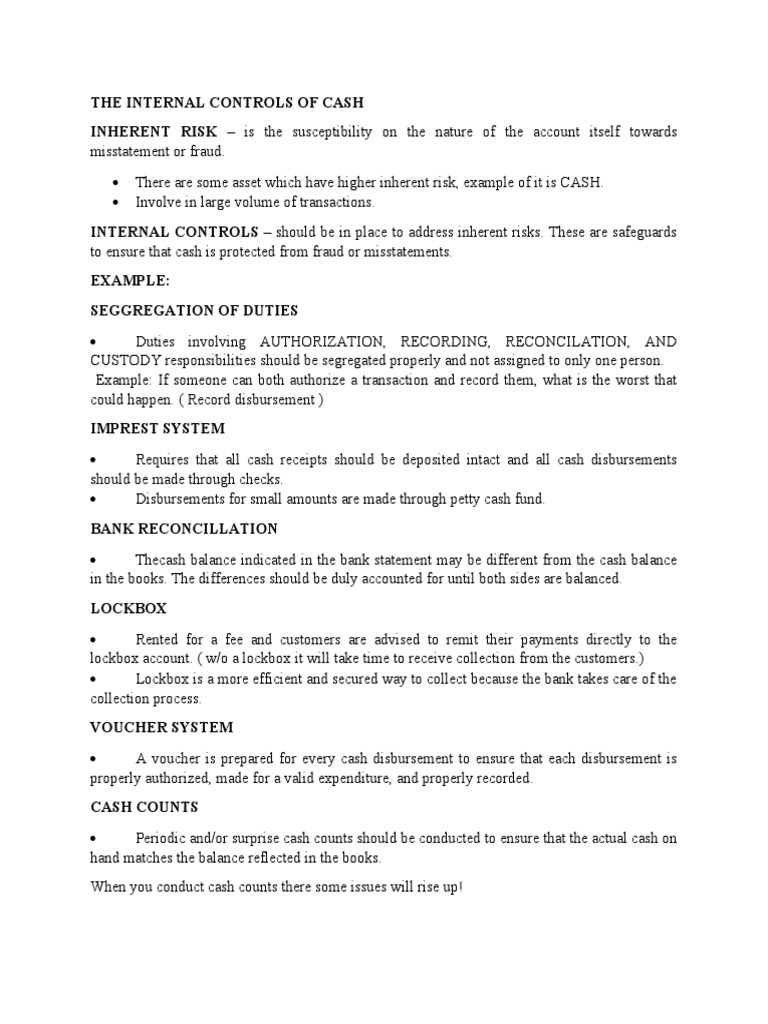 Cash Internal Controls Guide | PDF | Cheque | Banks