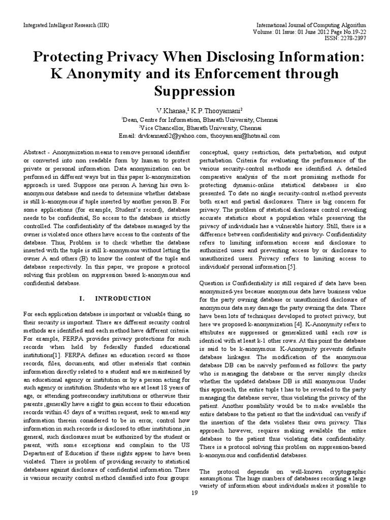 Protecting Privacy When Disclosing Information: K Anonymity and Its Enforcement Through ...