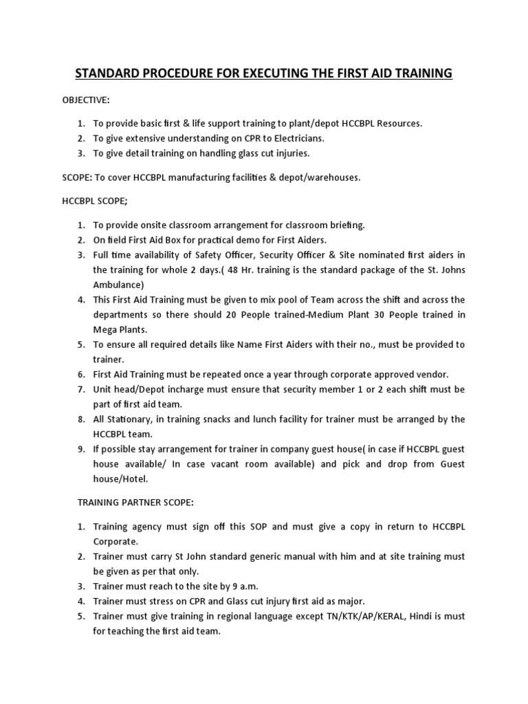 SOP First Aid Training | PDF | First Aid | Cardiopulmonary Resuscitation SOP First Aid Training | PDF | First Aid | Cardiopulmonary Resuscitation
