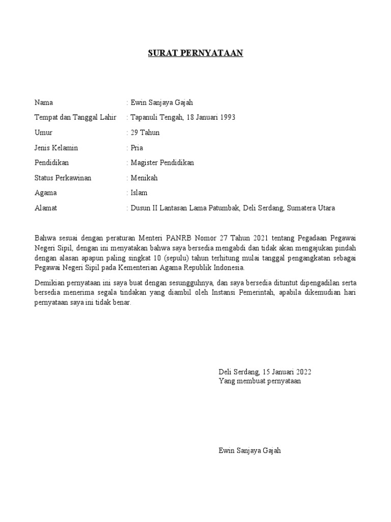 Surat Pernyataan Tidak Pindah Pdf