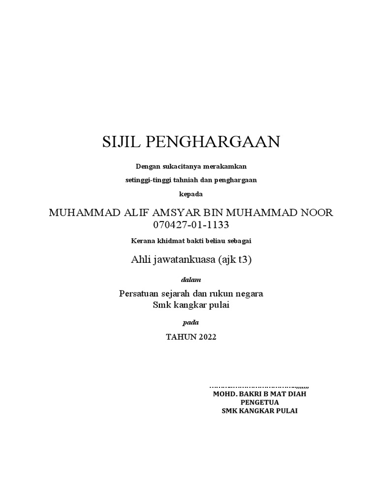Sijil Penghargaan (Ajk) | PDF