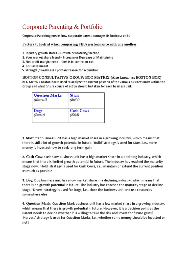 Corporate Parenting and BCG Matrix Insights | PDF | Strategic ...