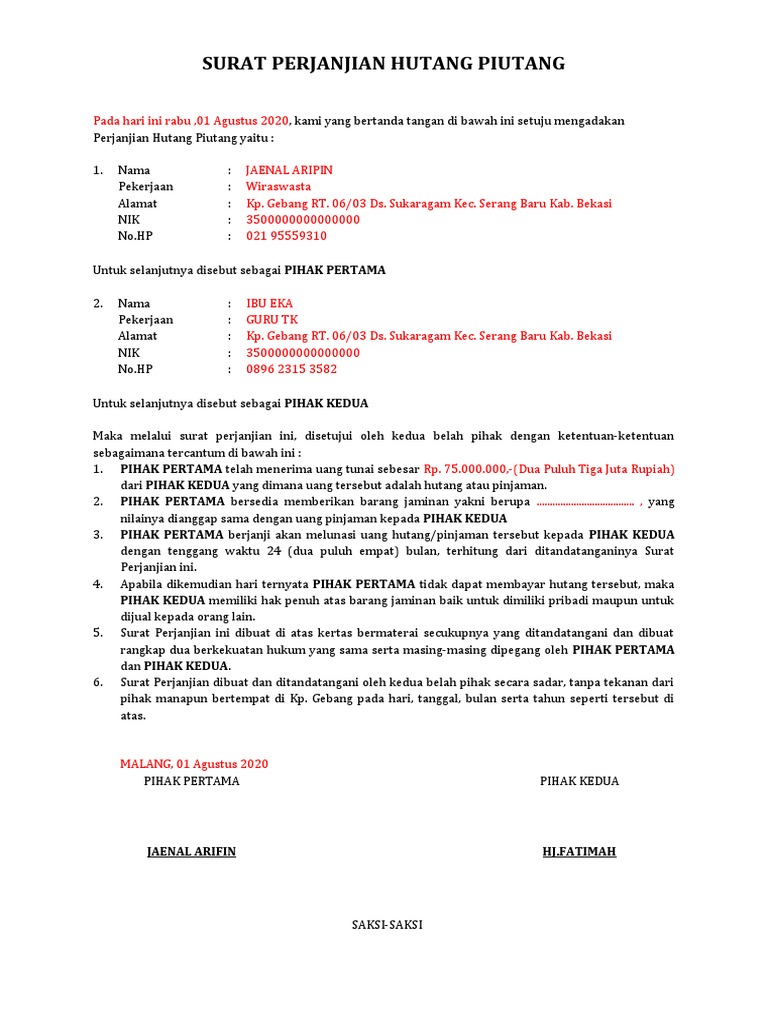 Contoh Surat Perjanjian Hutang Piutang | PDF
