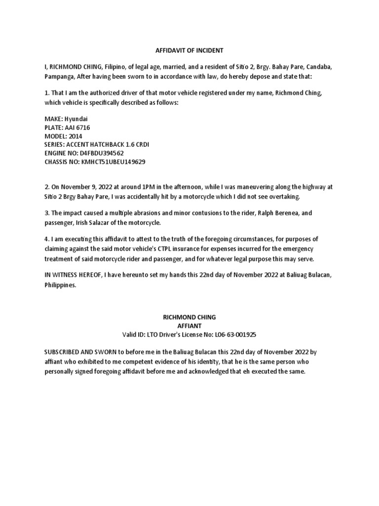 Affidavit of Vehicle Incident Report | PDF