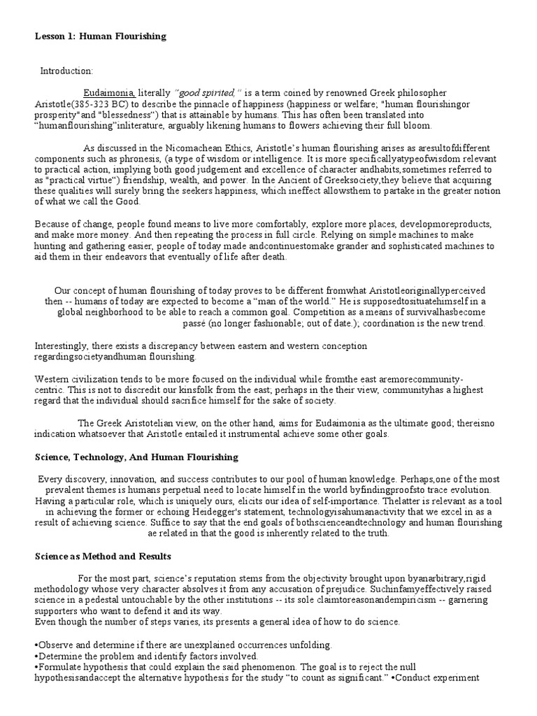 Lesson 1 - Human Flourishing | PDF | Science | Philosophical Movements