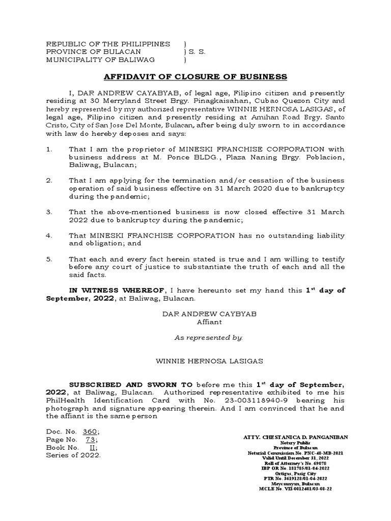 Affidavit of Closure of Business | PDF | Affidavit | Government