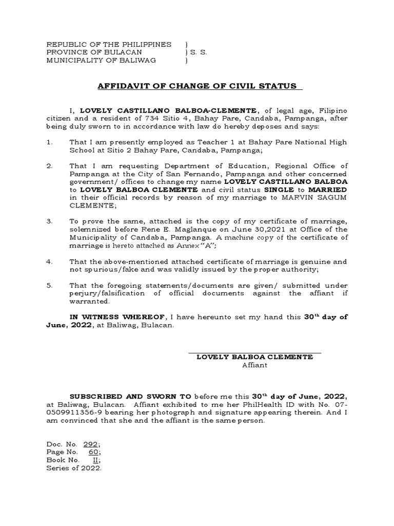 Affidavit of Change of Civil Status | PDF