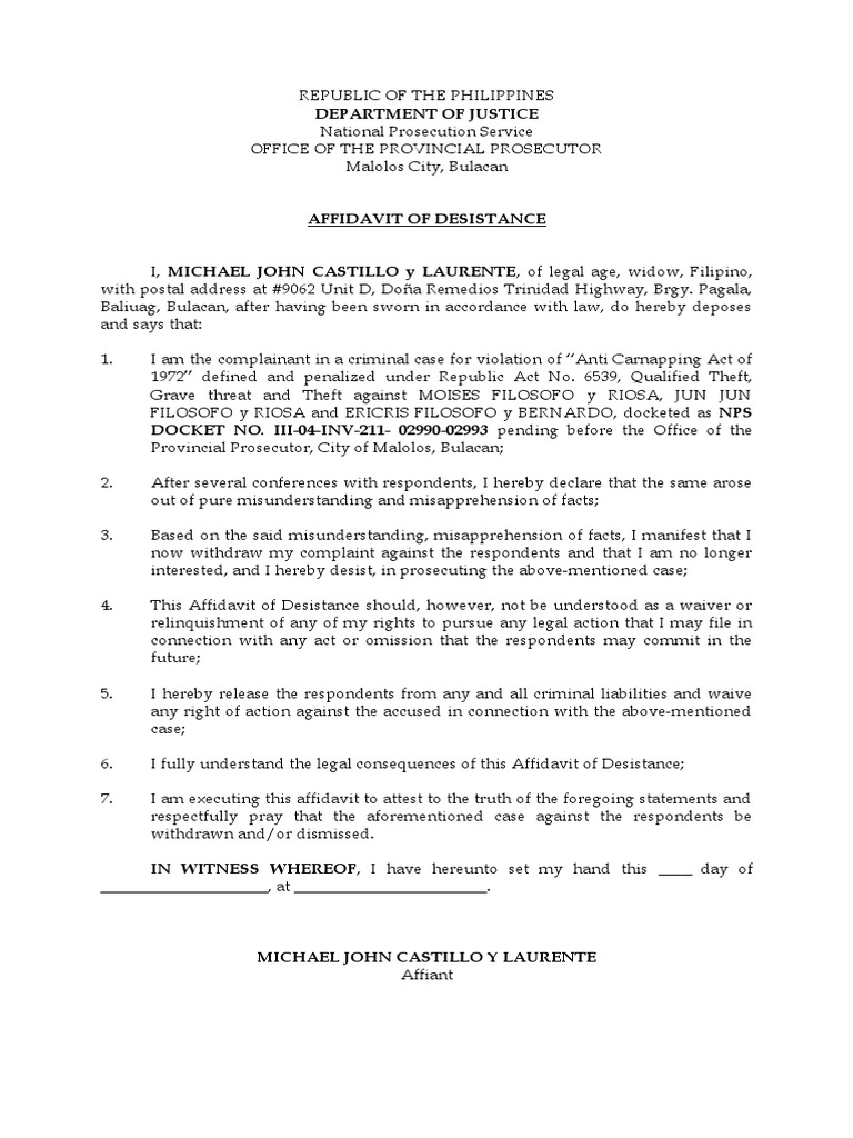 Affidavit Desistance Criminal Case Philippines | PDF | Affidavit ...