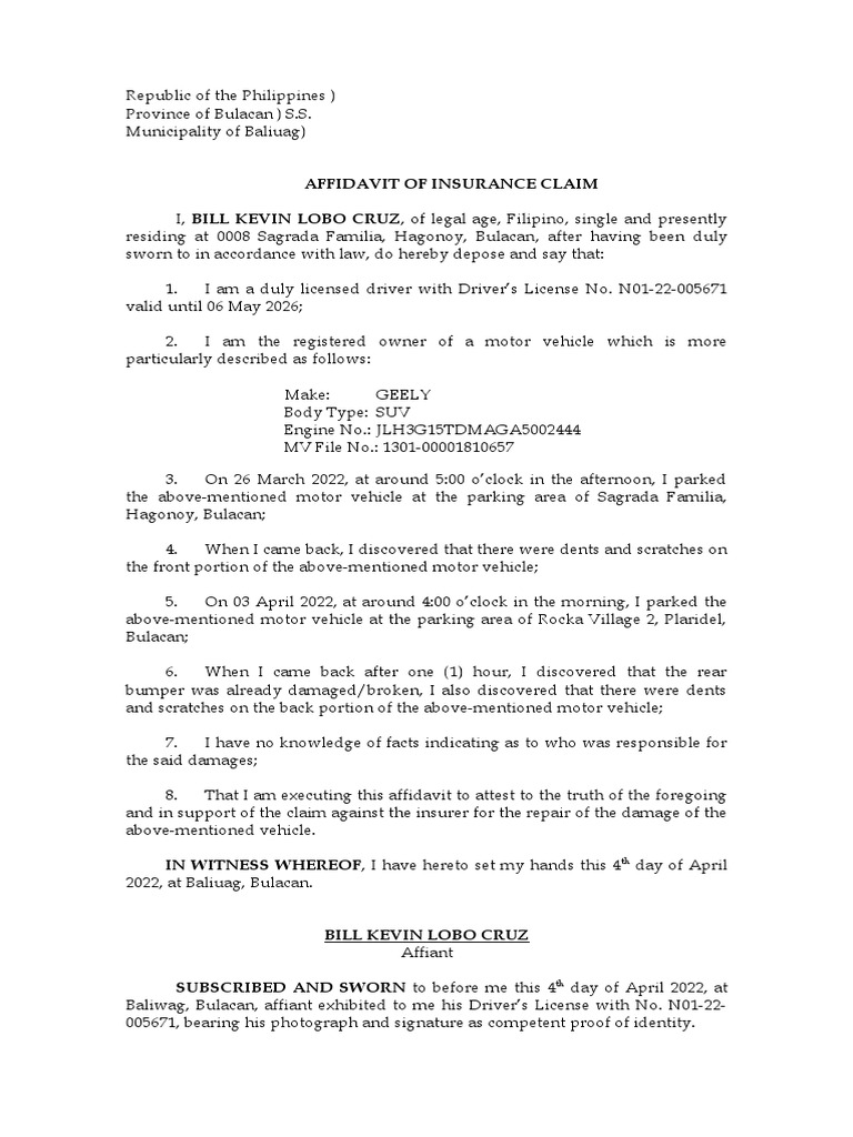 AFFIDAVIT OF INSURANCE CLAIM - Bill Kevin Cruz | PDF