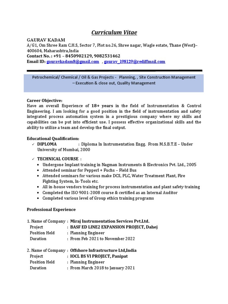 Instrumentation Engineer CV - Gaurav Kadam | PDF | Calibration