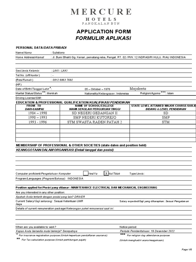 Form Application - Bilingual - Mercure | PDF