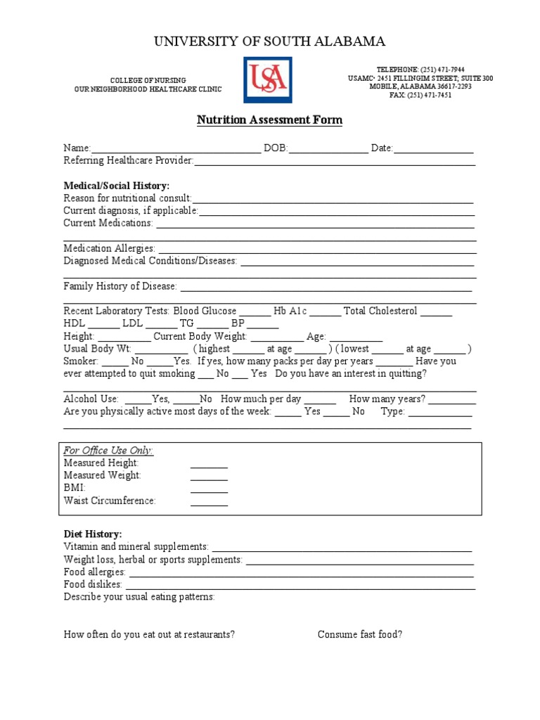 University of South Alabama: Nutrition Assessment Form Nutrition ...