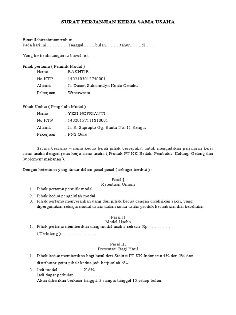 Surat Perjanjian Kerja Sama Usaha | PDF