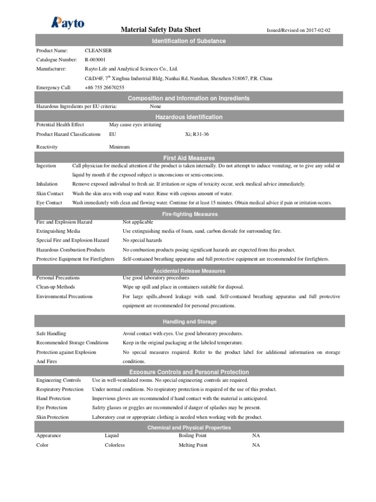 MSDS Cleanser Rayto | Download Free PDF | Toxicity | Sodium
