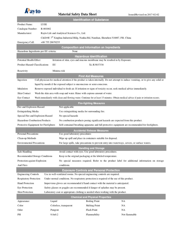 MSDS Lyser Rayto | PDF | Toxicity | Sodium