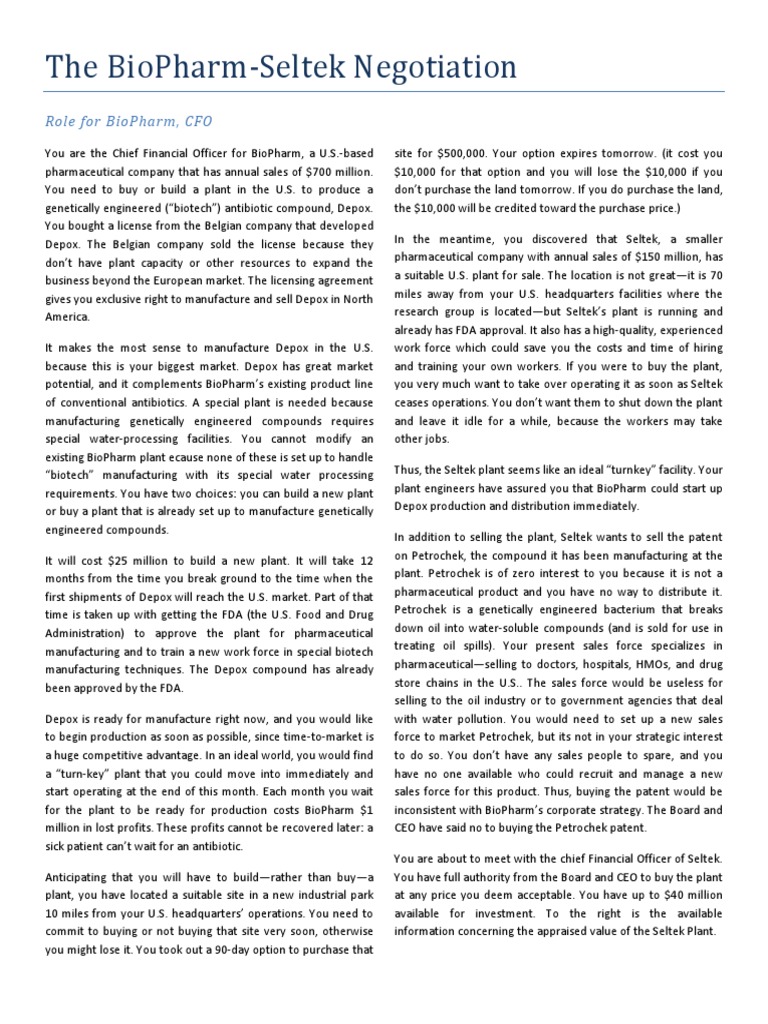 BioPharm-Seltek Plant Negotiation | PDF | Biotechnology | Pharmaceutical Industry