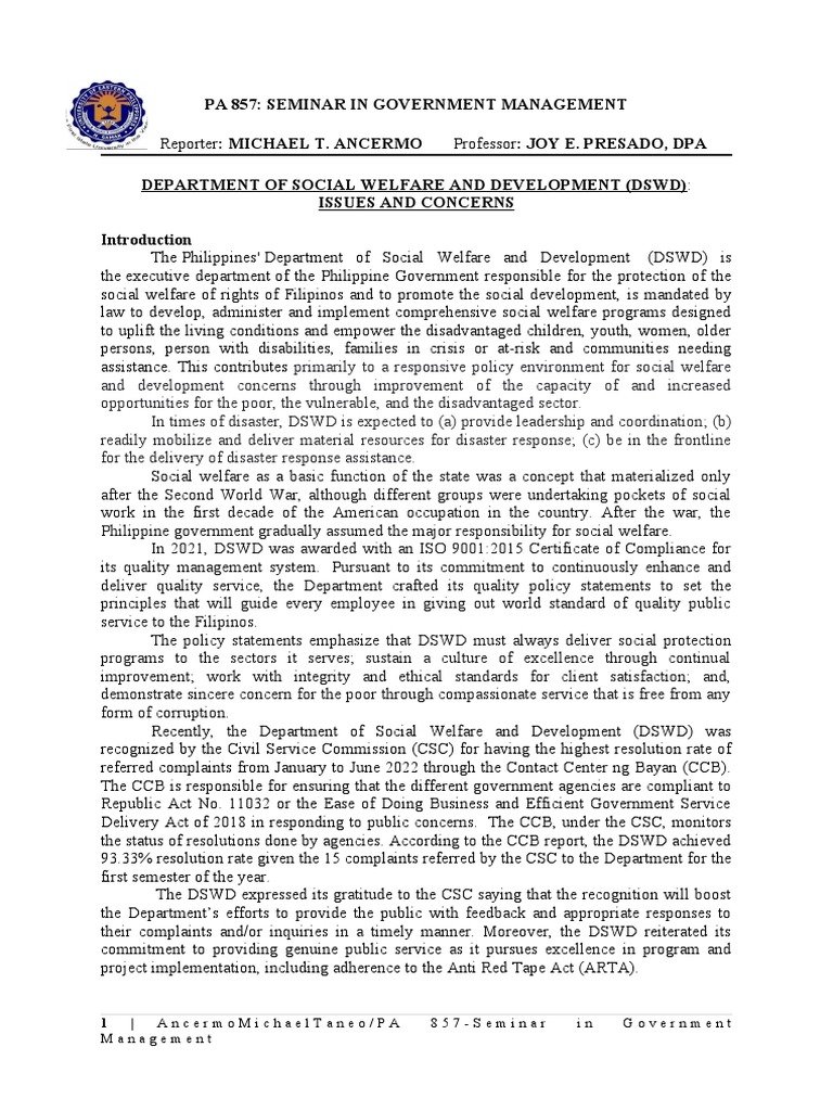 PA 857 DSWD HISTORY VISION MISSION OBJECTIVES ETC..BY Michael Ancemmo ...