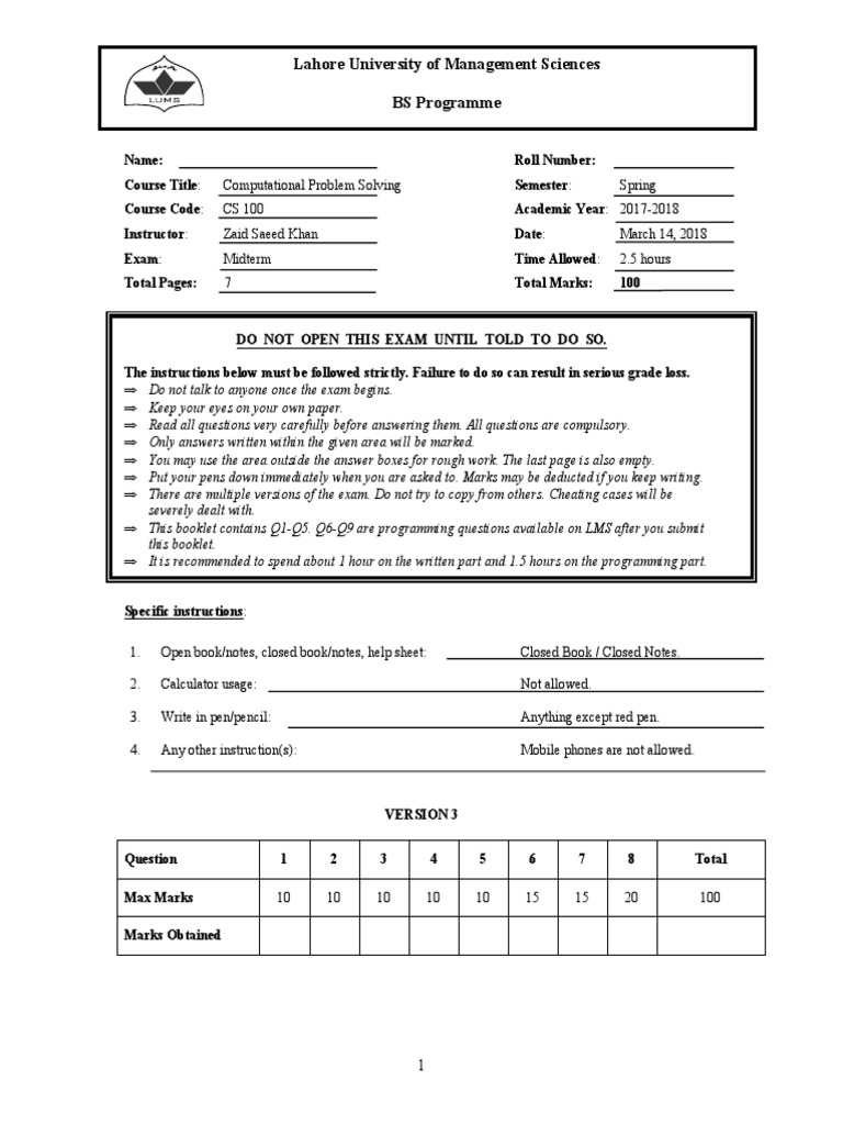 CS 100 Midterm Exam Instructions | PDF | Integer (Computer Science) | C++
