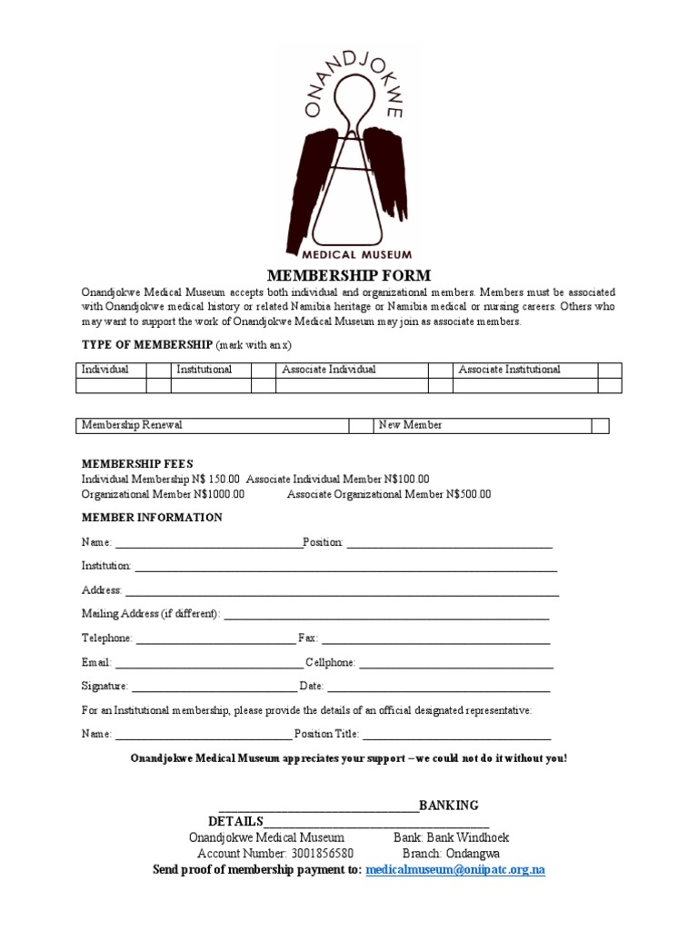NNA Edit New Onandjokwe Medical Museum Membership Form 2023 | PDF