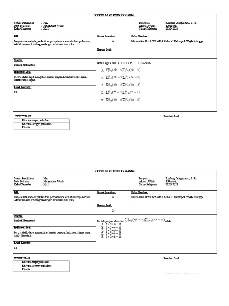 Kartu Soal Pas Matematika Wajib Xi 22-23 | PDF