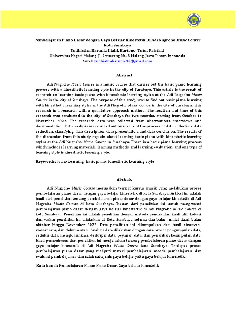 Exploring Basic Piano Learning Through Kinesthetic Learning Styles at the Adi Nugroho Music ...