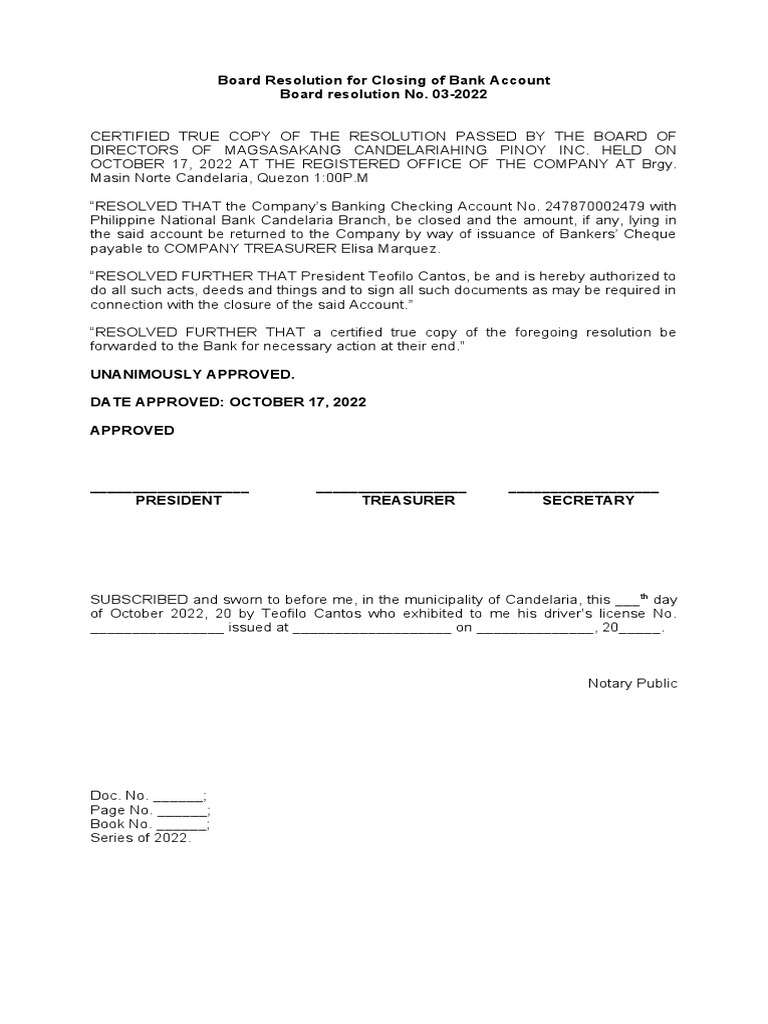 Board Resolution For Closing of Bank Account | PDF