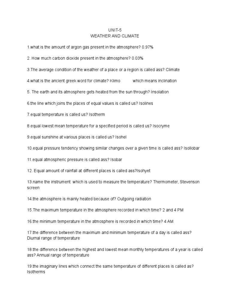 Unit 5 Weather and Climate | PDF | Atmospheric Pressure | Atmosphere Of ...