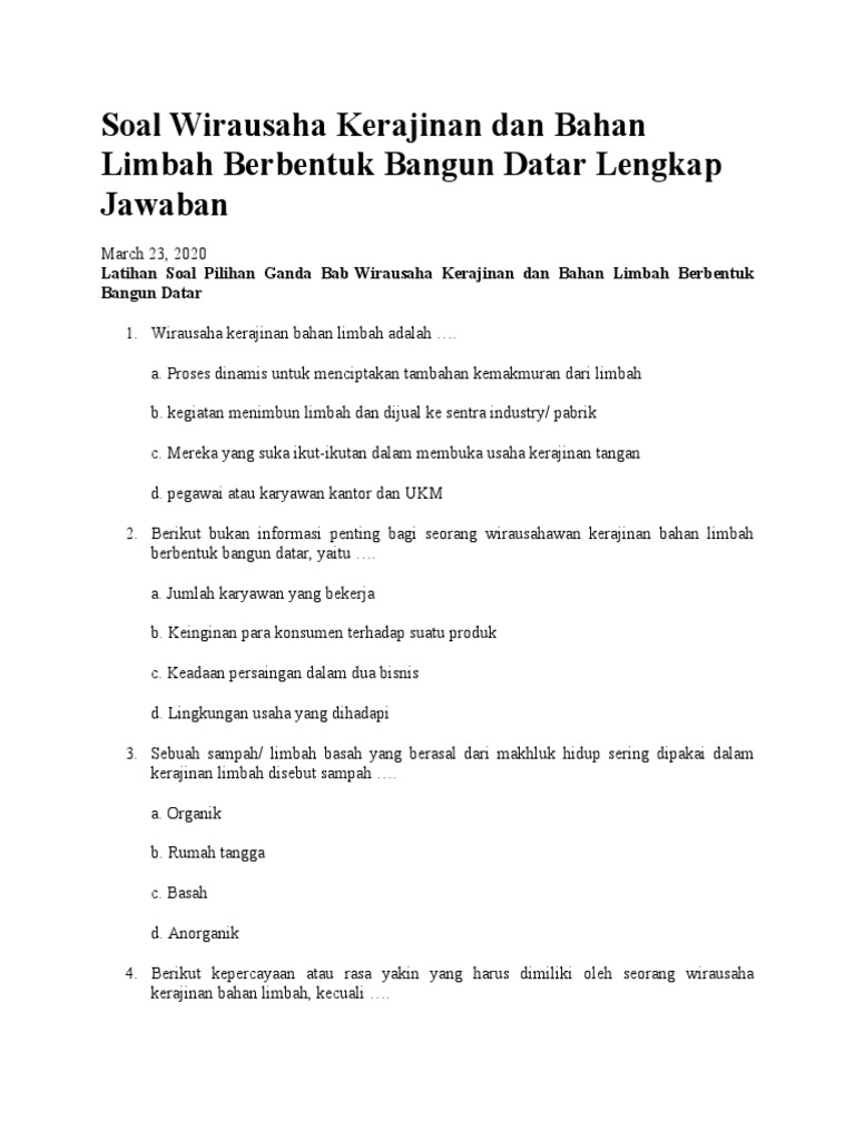 Soal Wirausaha Kerajinan Dan Bahan Limbah Berbentuk Bangun Datar | PDF Soal Wirausaha Kerajinan Dan Bahan Limbah Berbentuk Bangun Datar | PDF