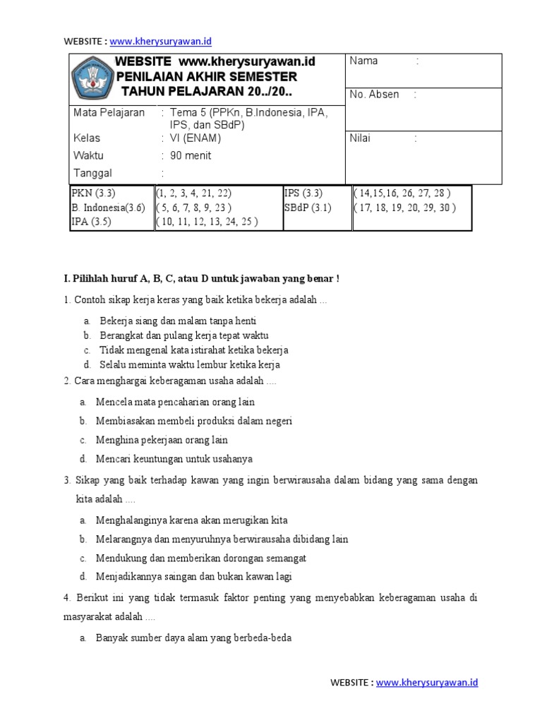 SOAL & Jawaban PAS KELAS 6 TEMA 5 - WEBSITE WWW - Kherysuryawan.id | PDF