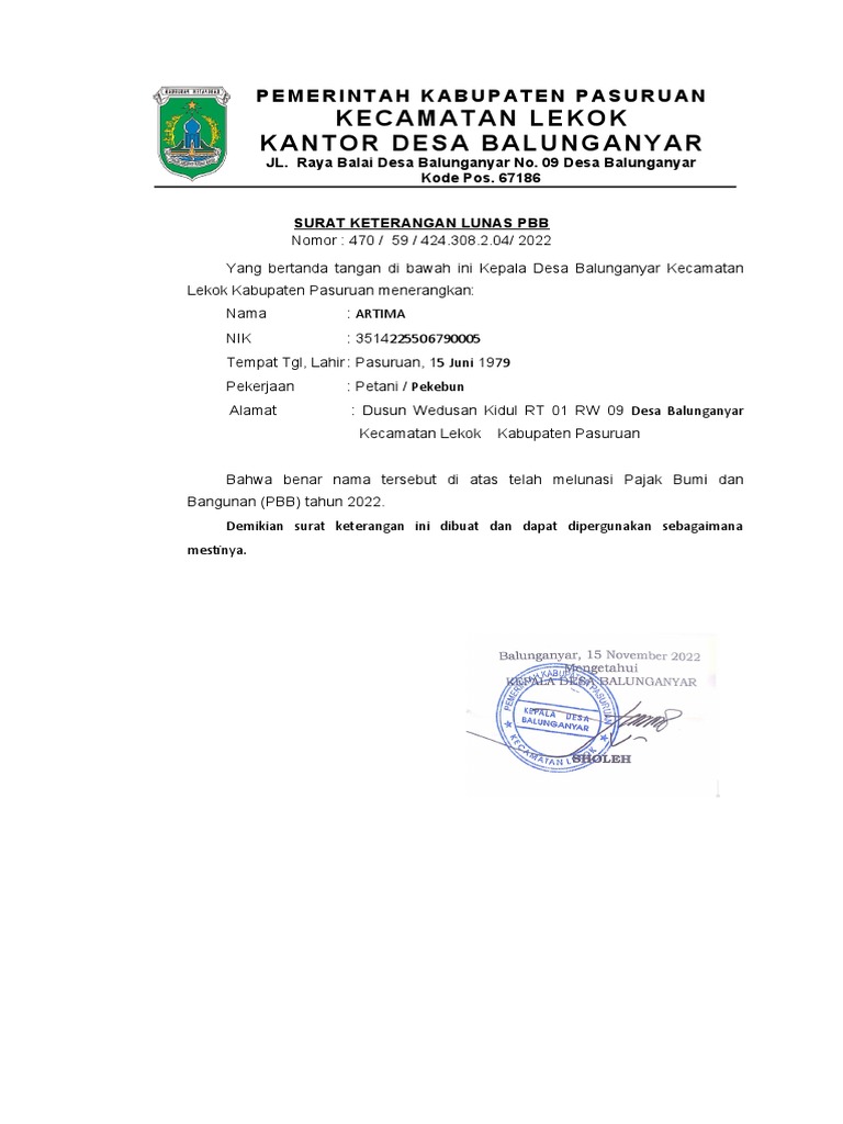 Surat Lunas PBB 2022 Desa Balunganyar | PDF