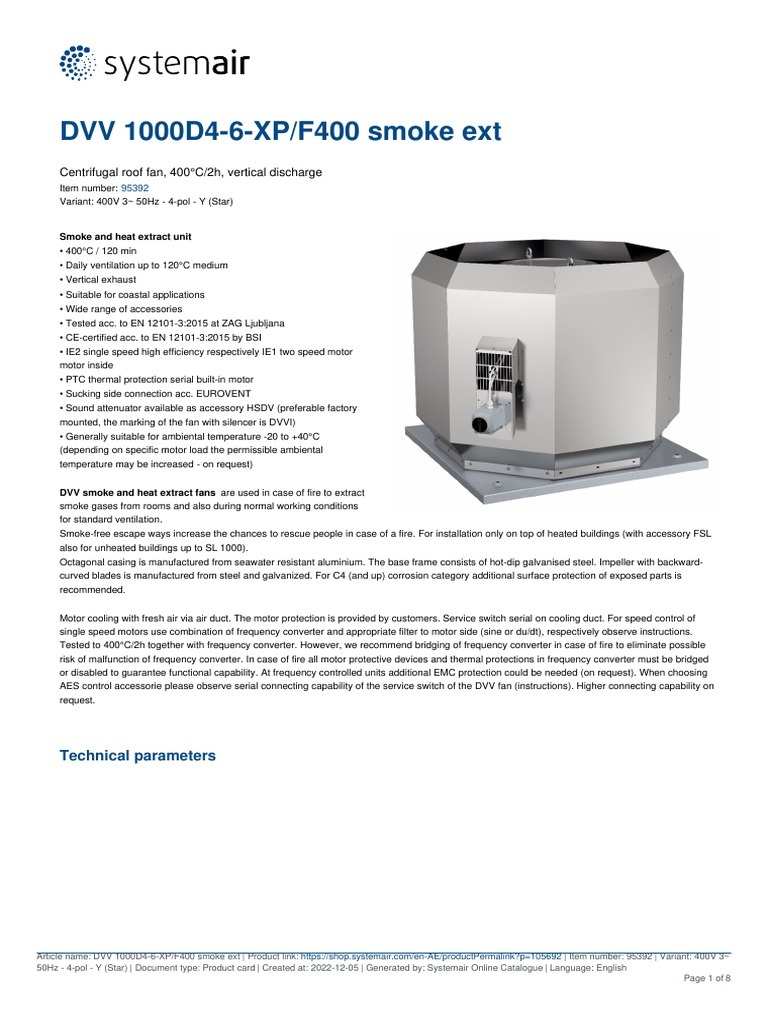 Systemair DVV 1000D4-6-XP F400 Smoke Ext | PDF | Duct (Flow) | Electrical Engineering