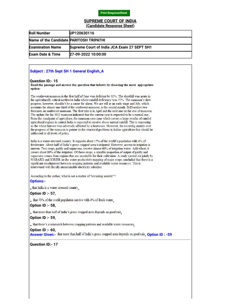 Supreme Court JCA Exam Response Sheet | PDF | Qualifications ...