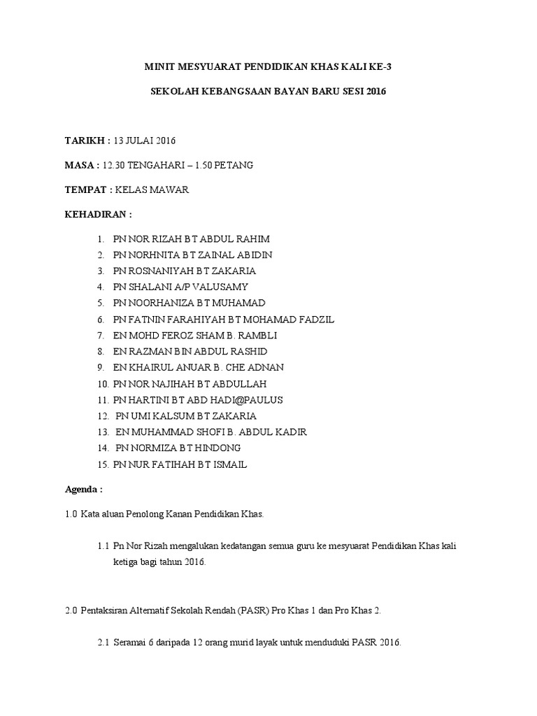 Minit Mesyuarat Pendidikan Khas Kali Ke 3 | PDF