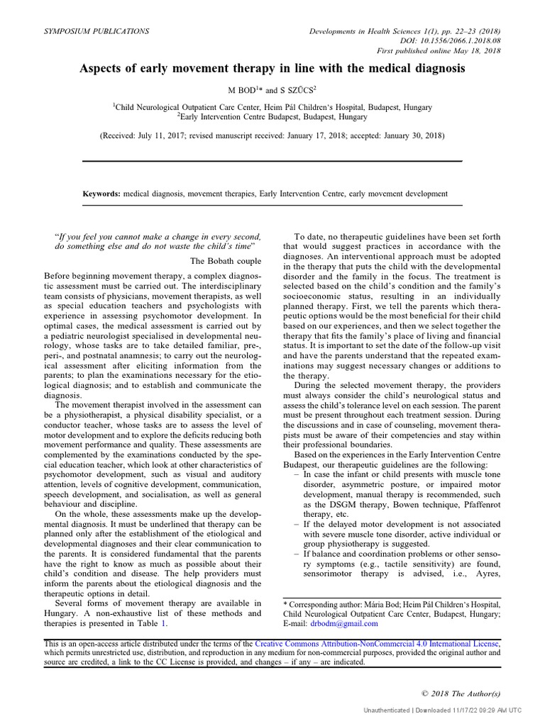 Aspects of Early Movement Therapy in Line With The Medical Diagnosis ...