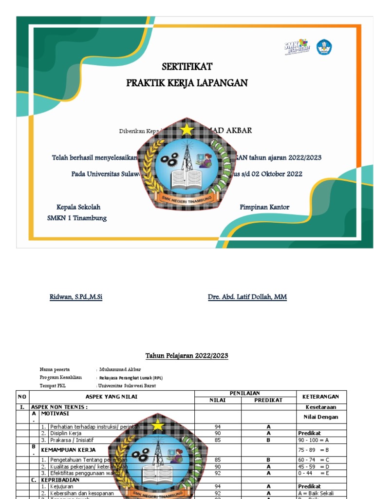 Sertifikat PKL SMKN 1 Tinambung | PDF
