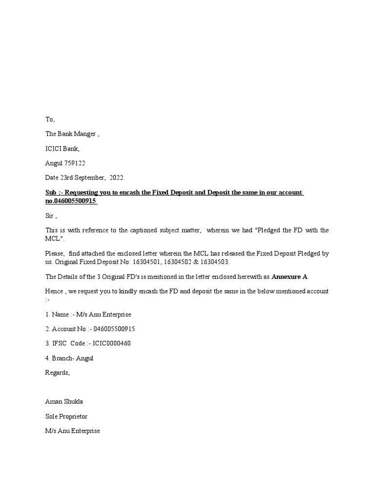 Sub:-Requesting You To Encash The Fixed Deposit and Deposit The Same in ...