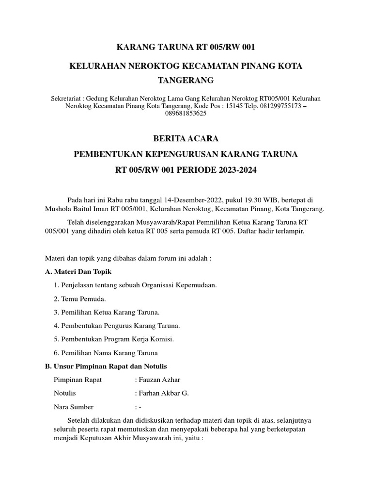 BERITA ACARA Rapat Karang Taruna RT 005 | PDF