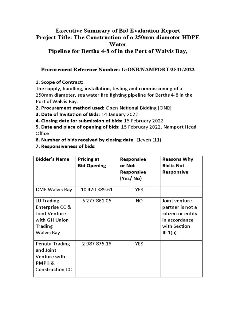 Executive Summary of Bid Evaluation Report Butter | PDF | Business ...