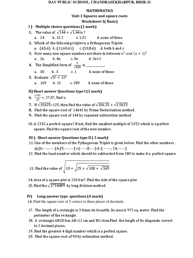 Class VIII Mathematics: Squares & Roots Worksheet | PDF | Area | Square ...