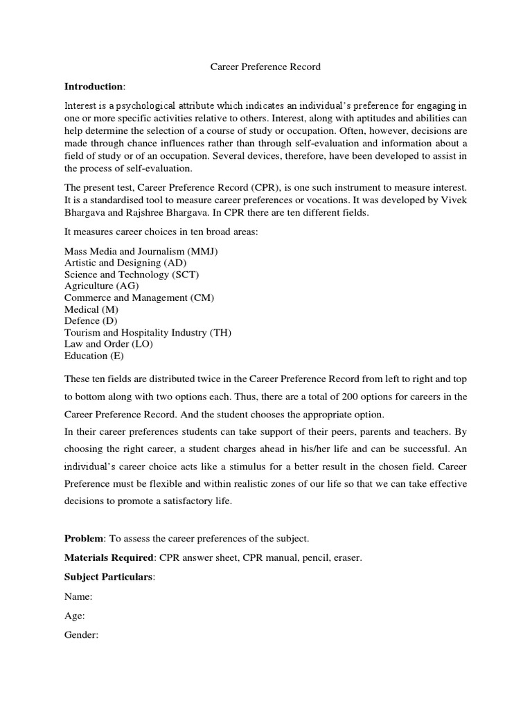 Career Preference Record Intro For Class 12 | PDF | Cognitive Science ...