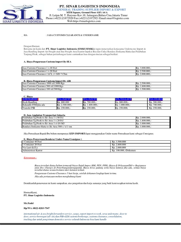 Penawaran Jasa Customs Clearance Sli | PDF