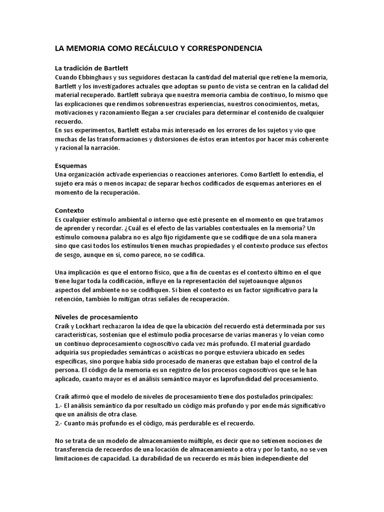 La Memoria Como Recálculo y Correspondencia | PDF | Memoria | Cognición