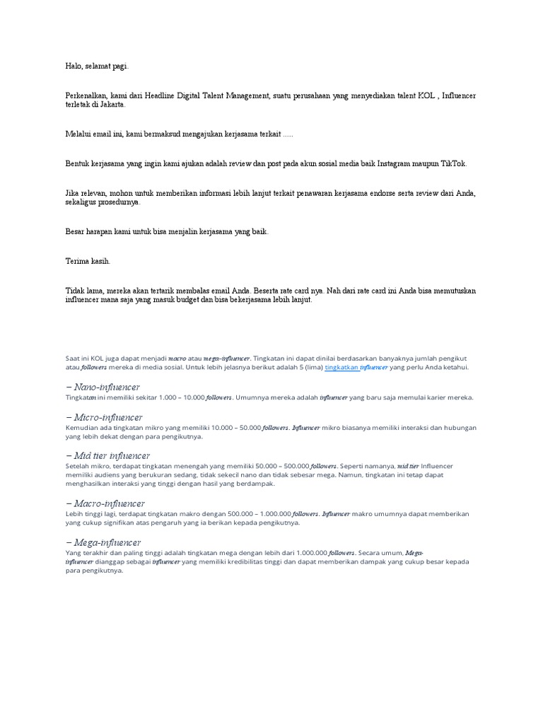 Surat Penawaran Kerjasama Talent KOL | PDF