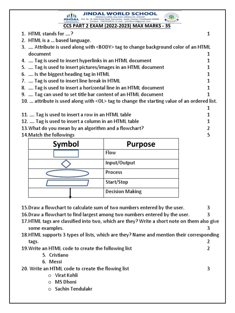 JWS Class 5 CCS QP | PDF | Html Element | Html