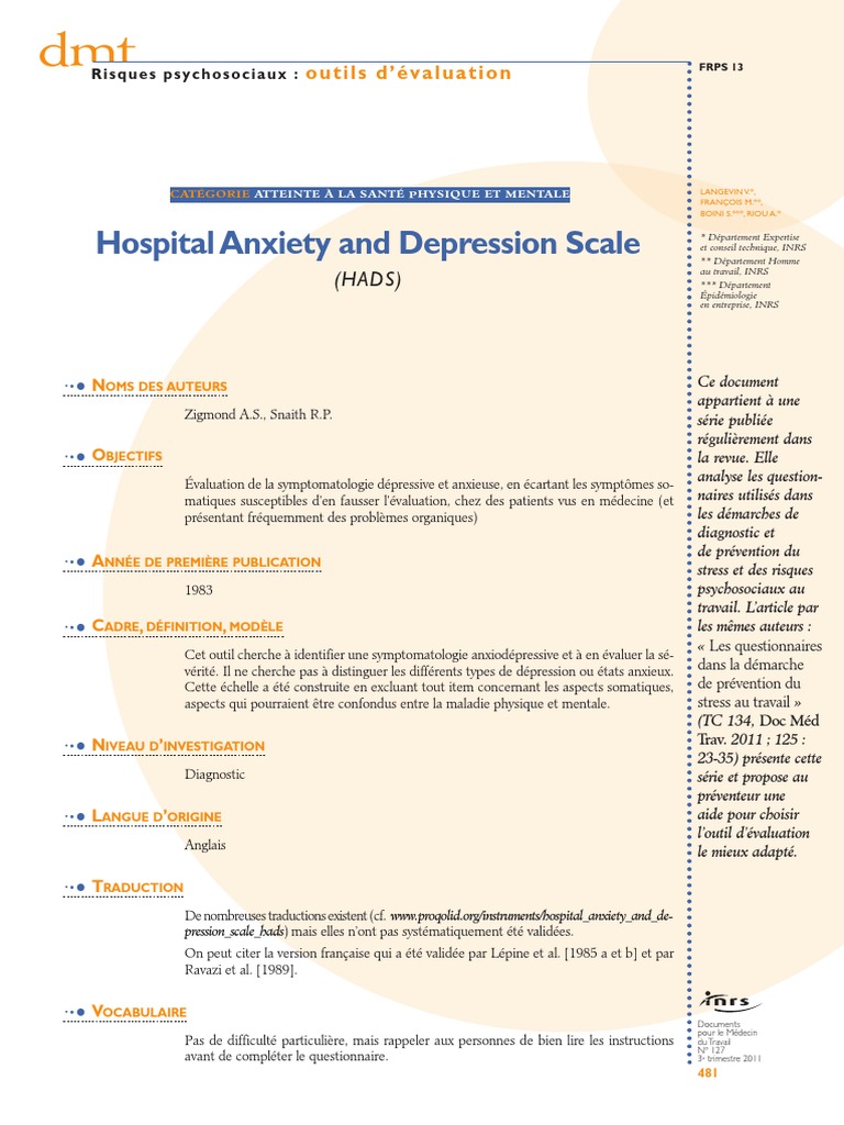 Hospital Anxiety and Depression Scale: (HADS) | PDF | Dépression ...