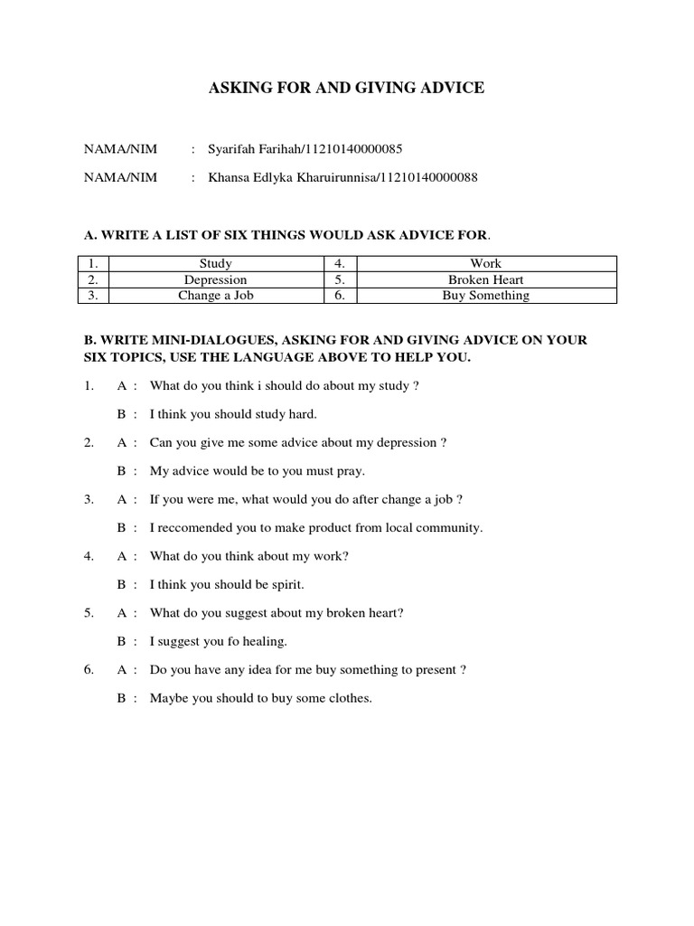 Asking For and Giving Advice | PDF | Career & Growth | Language Arts ...