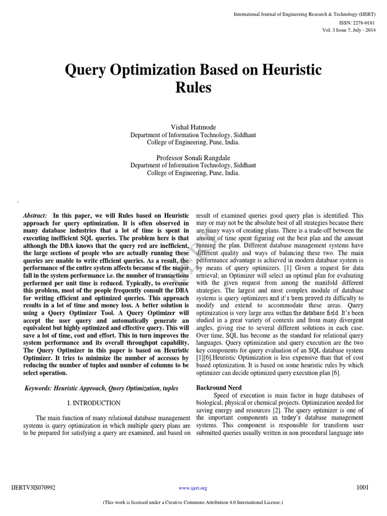 Query Optimization Based On Heuristic Rules IJERTV3IS070992 | PDF | Databases | Relational Database