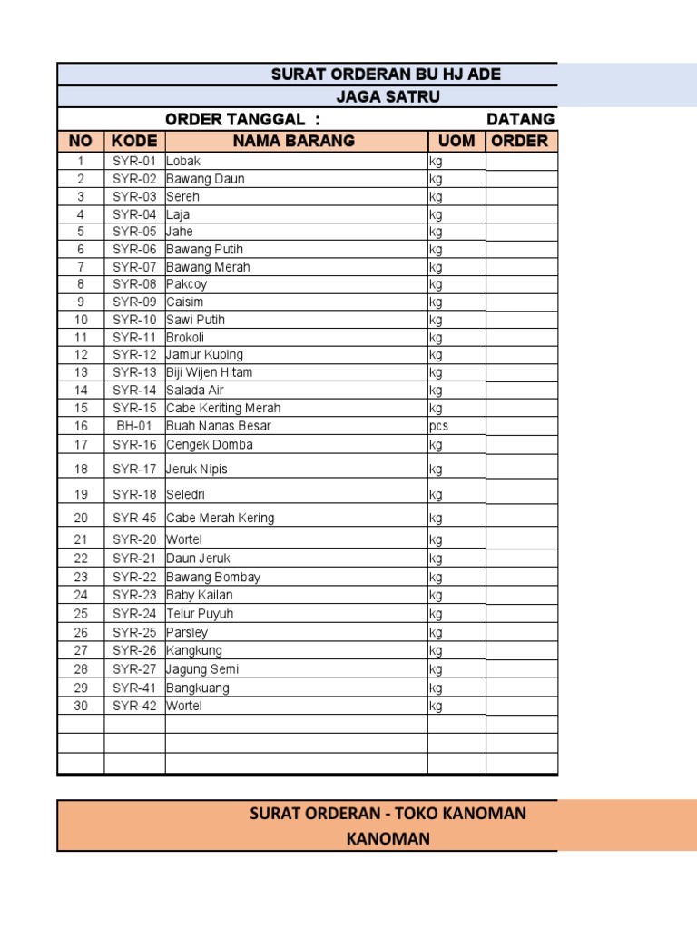 Surat Orderan Barang Bulanan | PDF