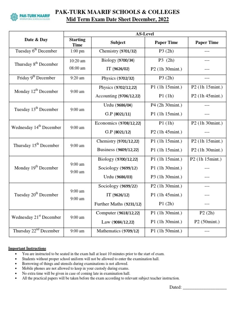 AS December Exam Date Sheet 2022 | PDF | Test (Assessment)