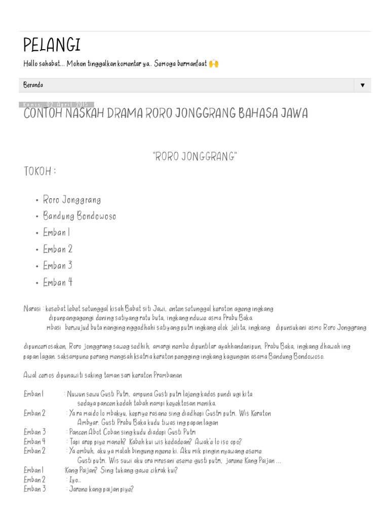 Pelangi - Contoh Naskah Drama Roro Jonggrang Bahasa Jawa143251 | PDF